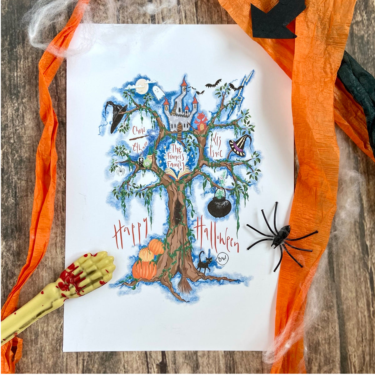 Cat Lovers Magical Halloween Themed Family Tree – The Illustrated Tree Co